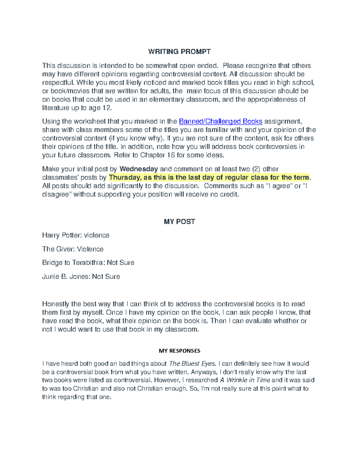 Discussed Banned and Challenged Books - WRITING PROMPT This discussion ...