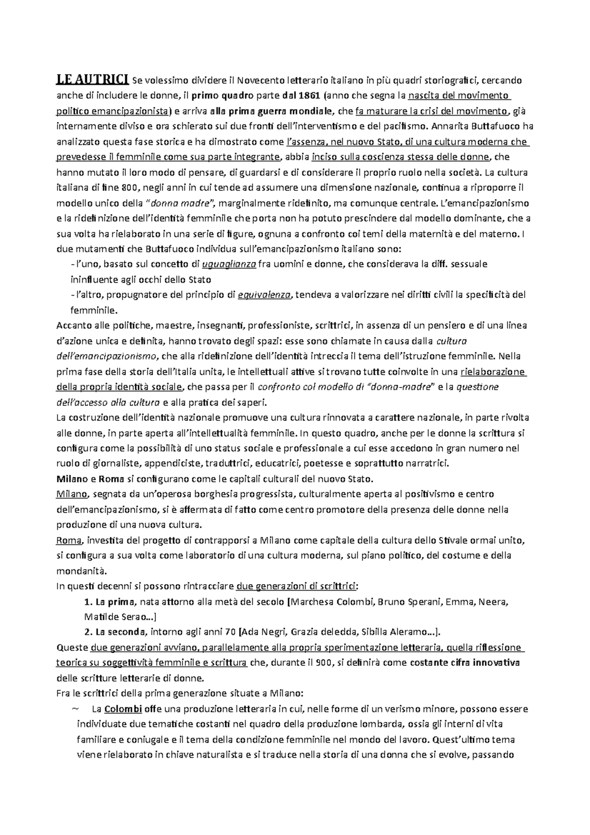 Letteratura Italiana del 900 (riass) - LE AUTRICI Se volessimo dividere ...