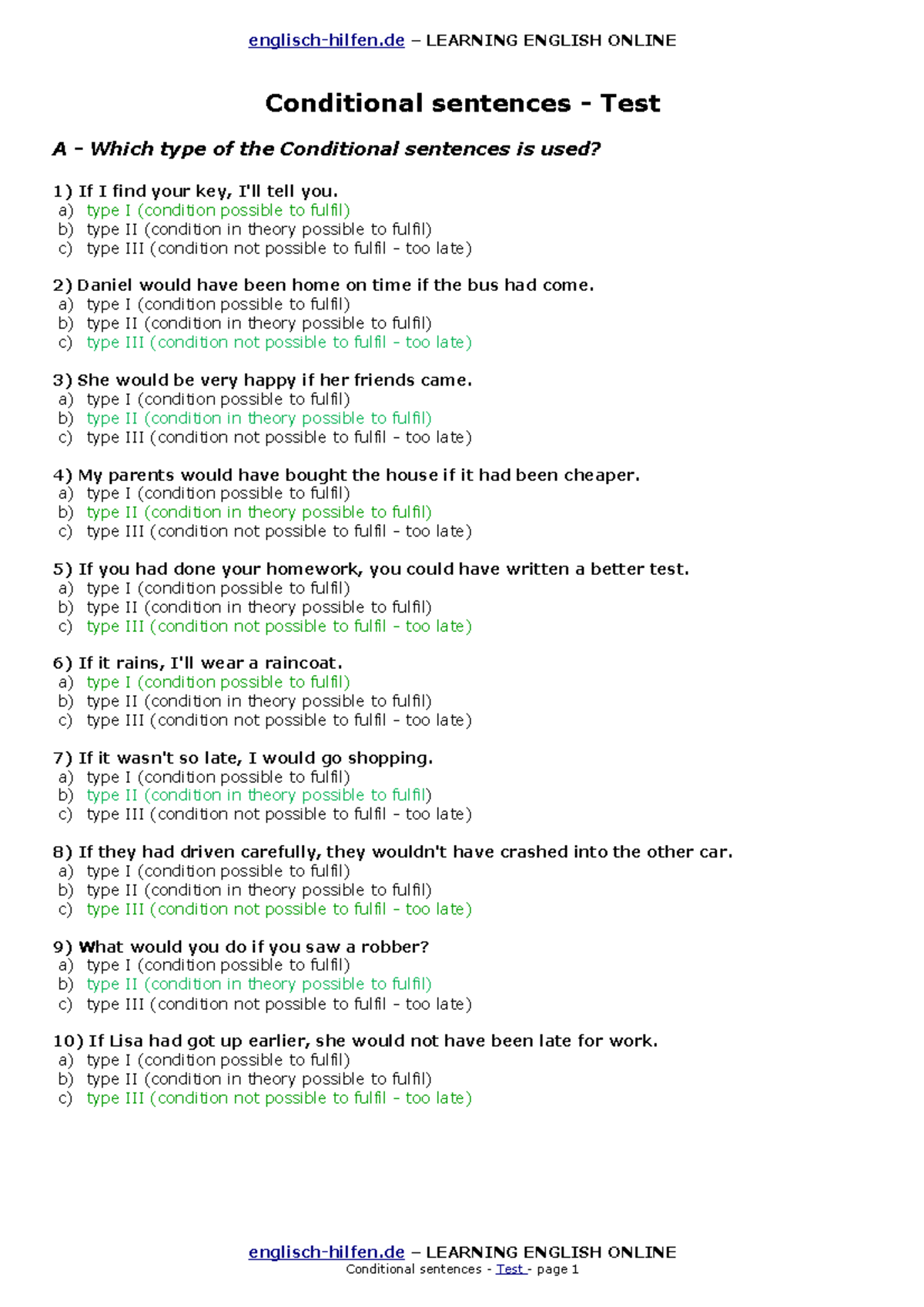 Conditionals - Conditional sentences - Test A - Which type of the ...
