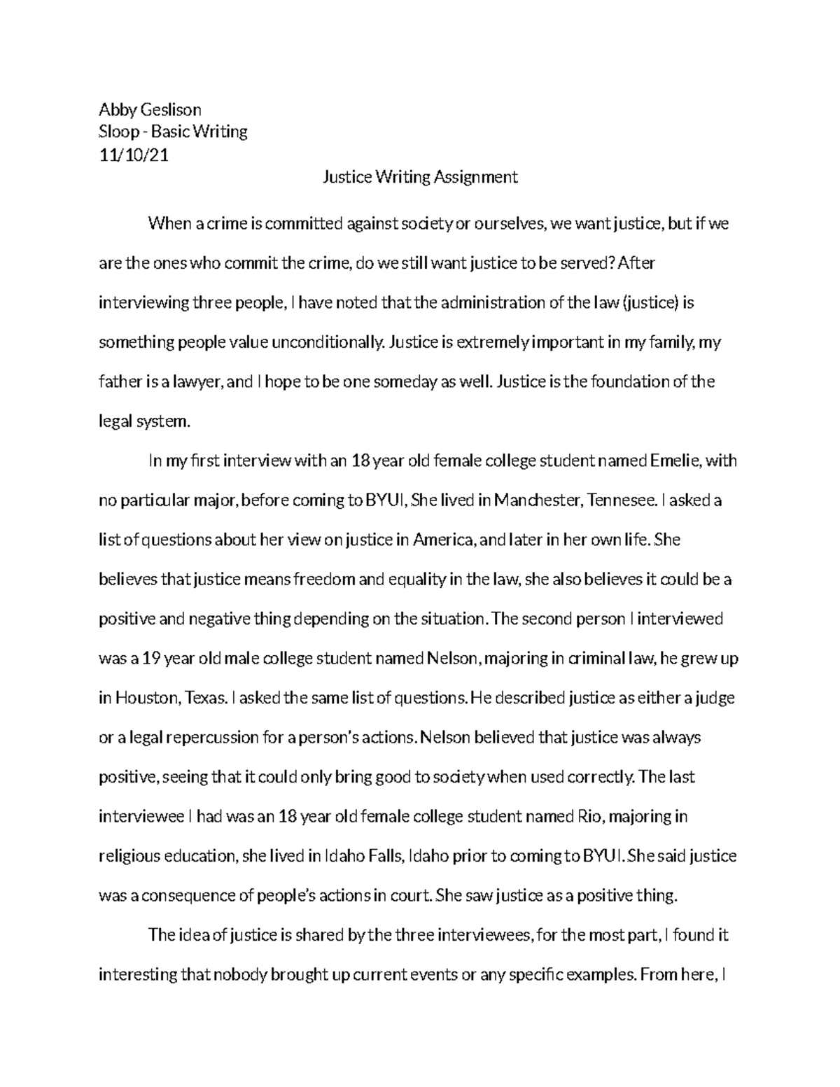 assigned word document (justice) - Abby Geslison Sloop - Basic Writing ...