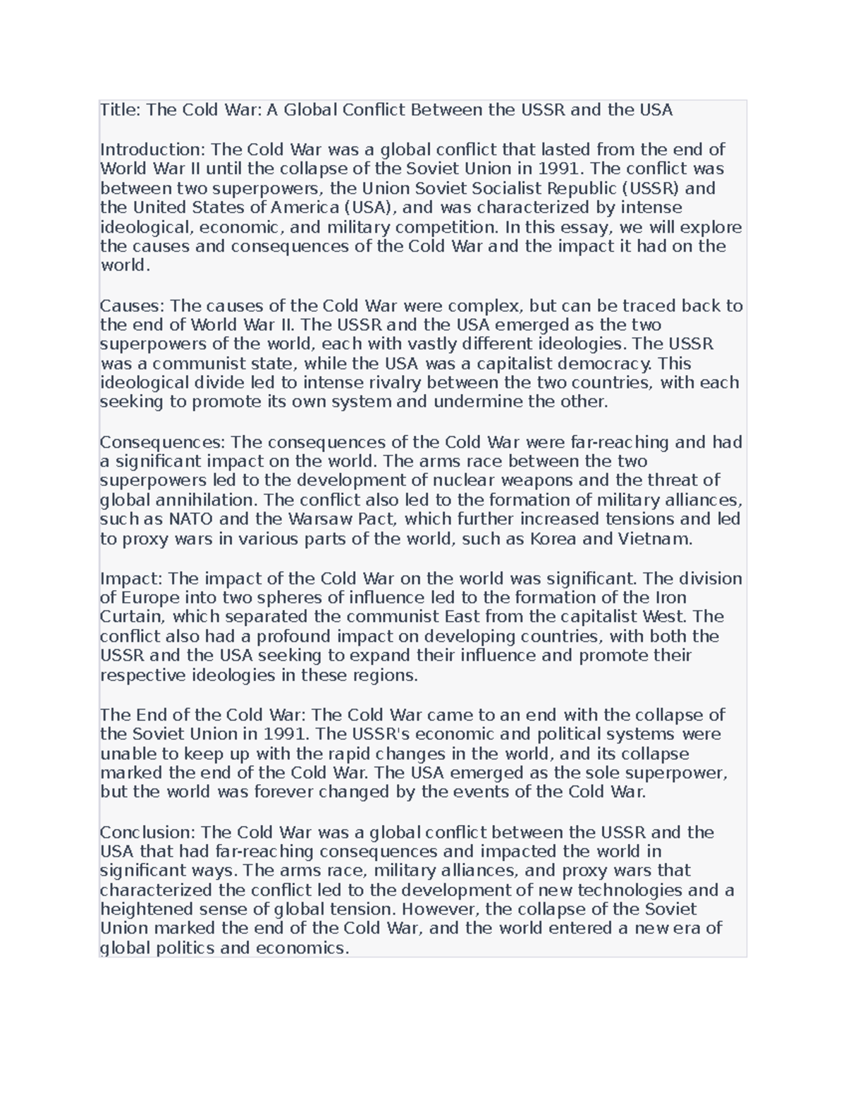 The Cold War - A Global Conflict Between the USSR and the USA - Title ...