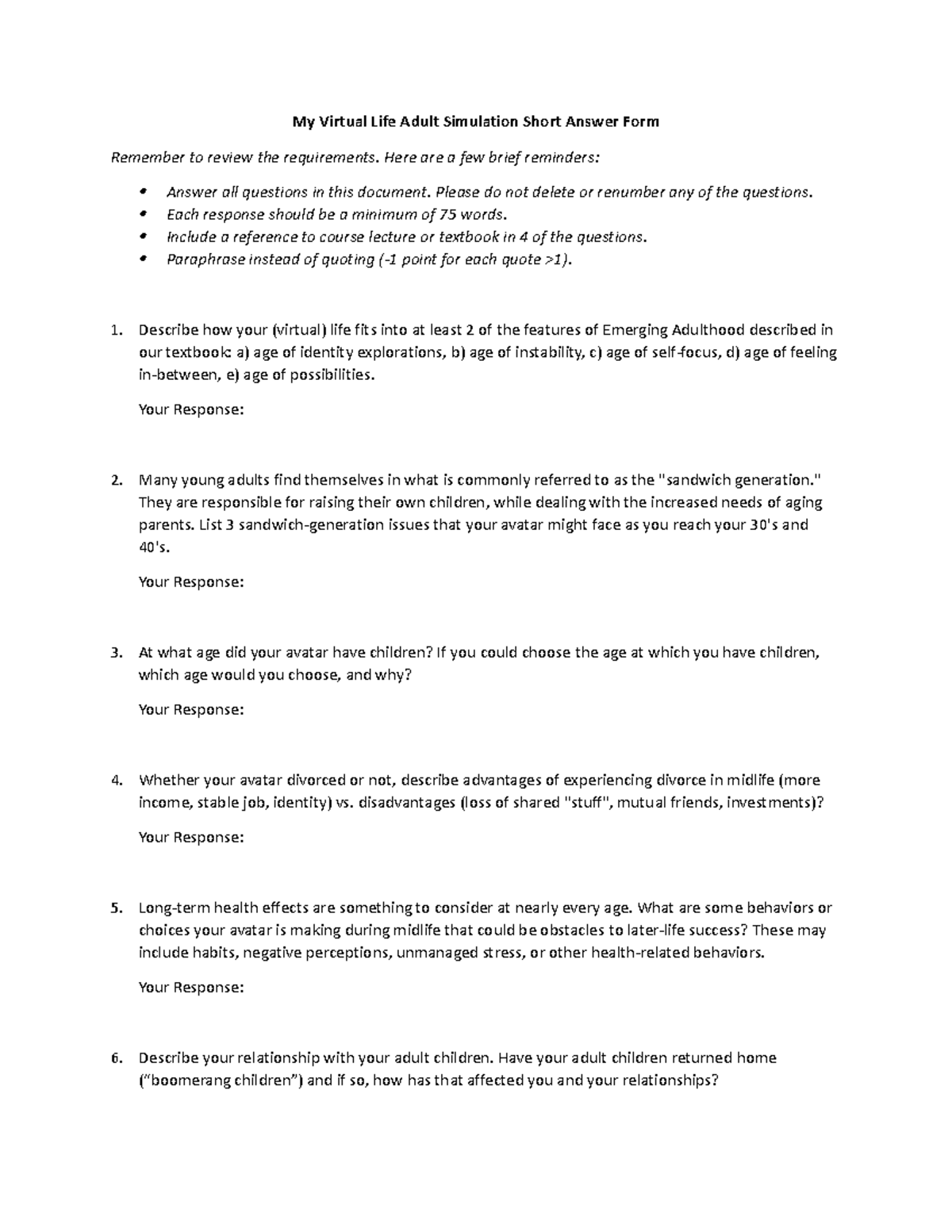 101 My Virtual Life Adult Short Answer Form - My Virtual Life Adult ...