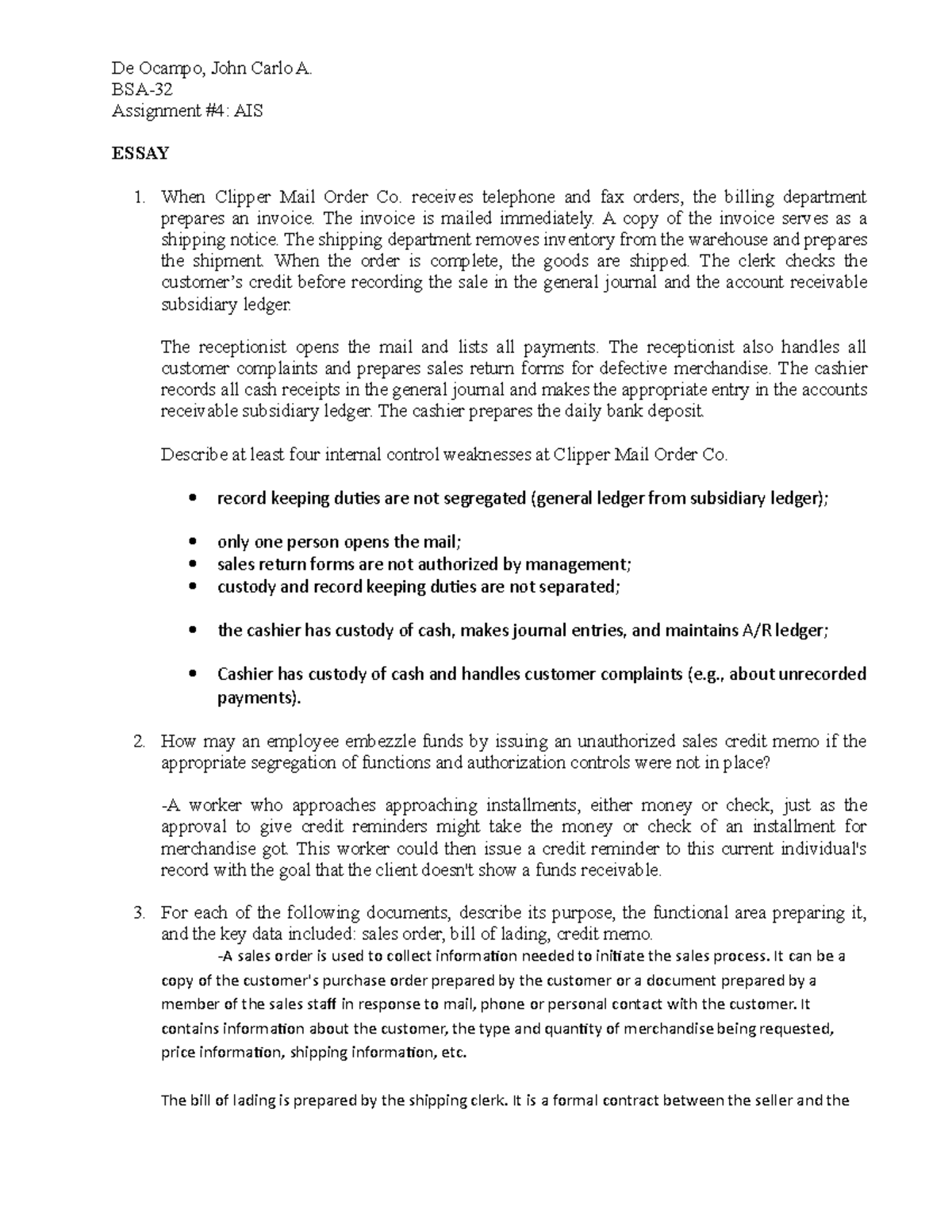 (AISystem-Ass. #4) - De Ocampo, John Carlo A. BSA- Assignment #4: AIS ESSAY When Clipper Mail ...