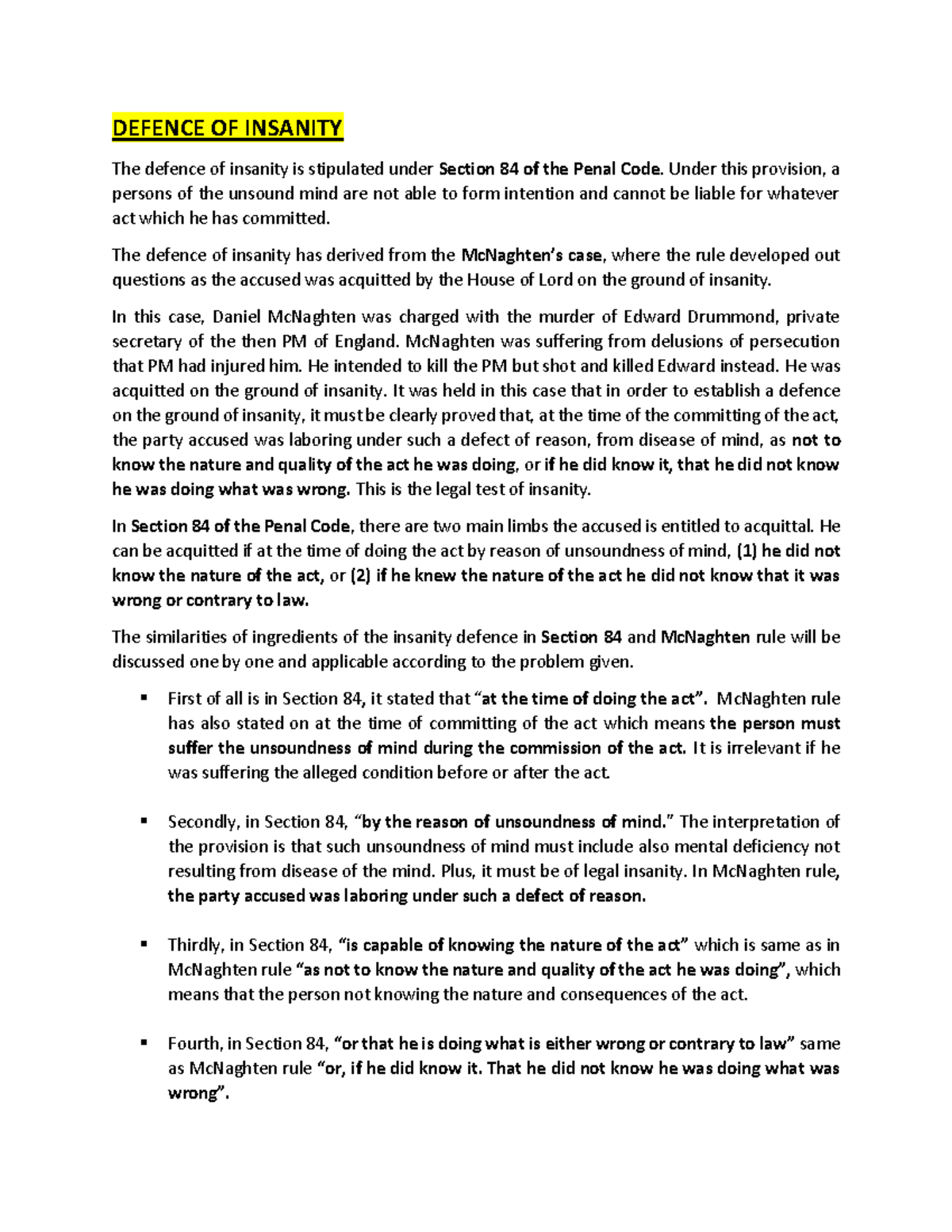 Defence OF Insanity - DEFENCE OF INSANITY The defence of insanity is ...