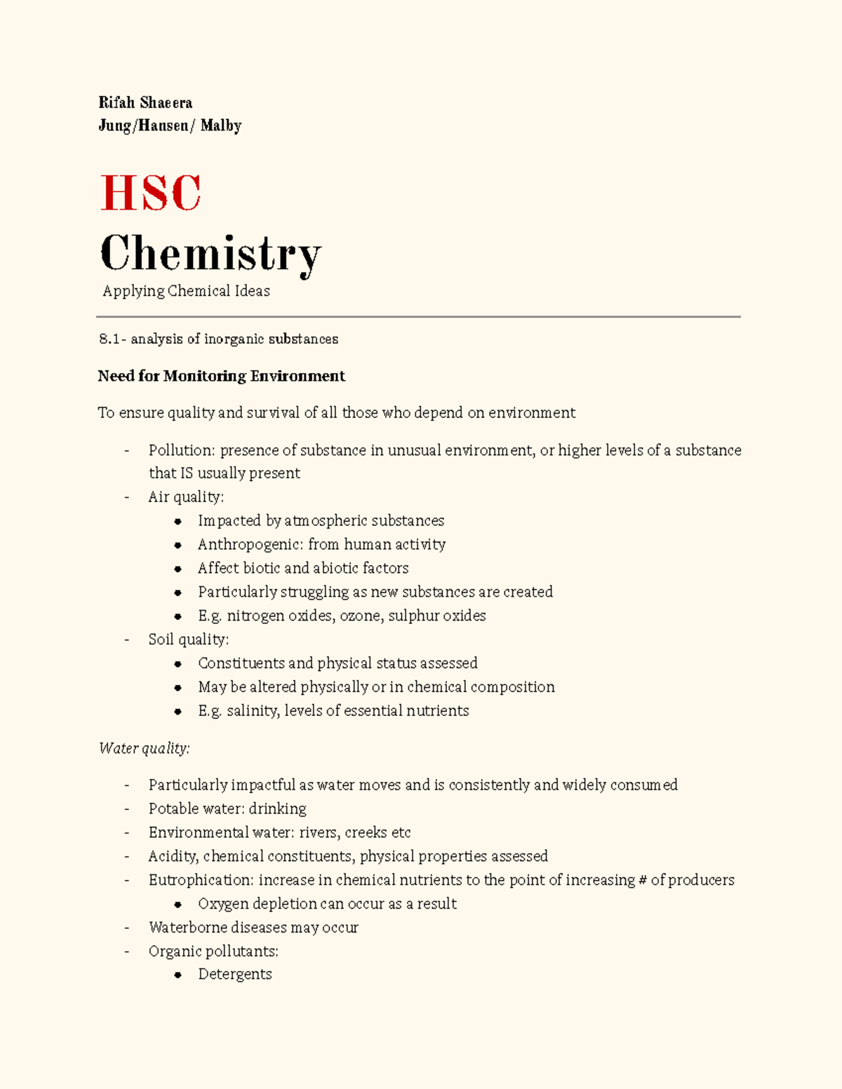 Chemistry Summaries MOD 8 - Rifah Shaeera Jung/Hansen/ Malby HSC ...
