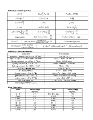 Chem Equations - Equation Sheet for Chem 124 - Potentially Useful Equations: 𝐷 = 𝑚 𝑉 𝑇°F = 9 5 𝑇 ...