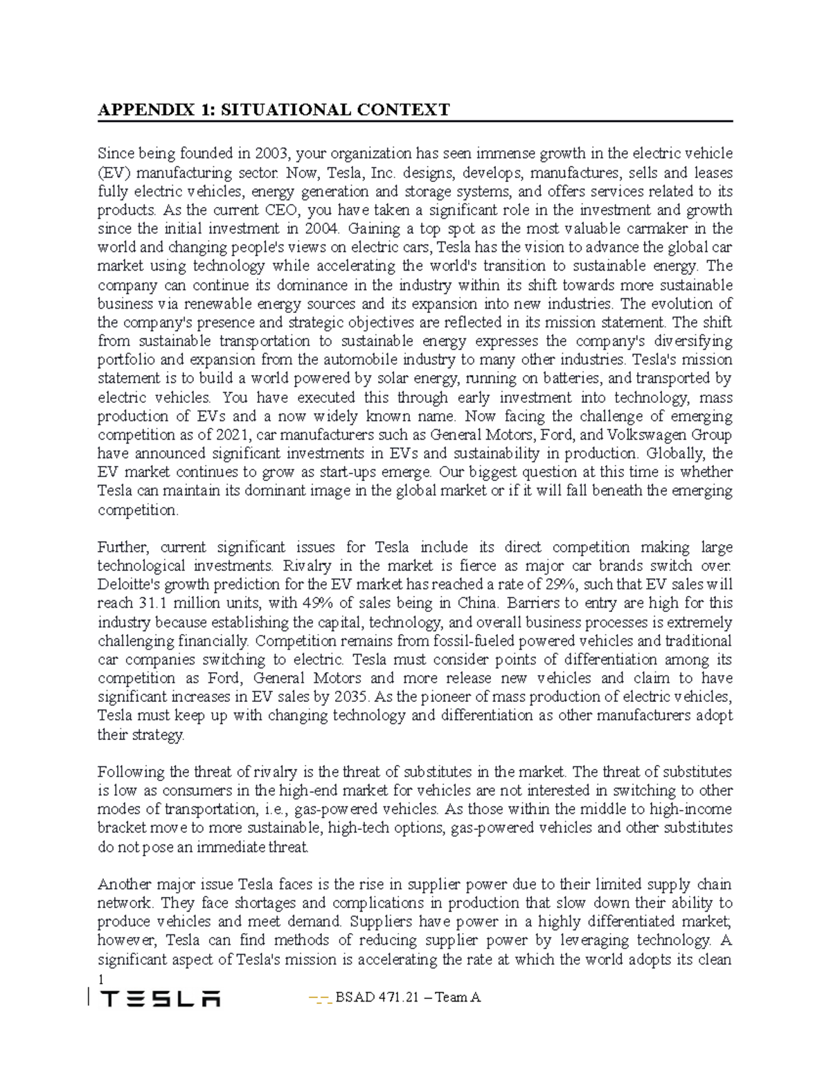 Appendix 1 - Situational analysis of Tesla - APPENDIX 1: SITUATIONAL ...