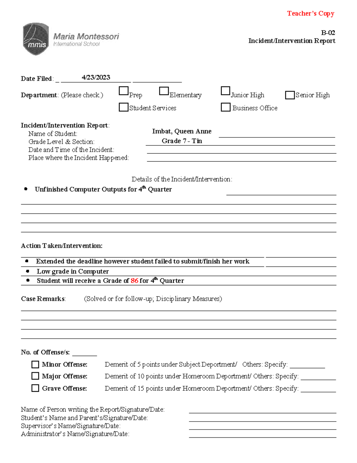 B-02 Form - Date Filed: ____________________________________ Department ...