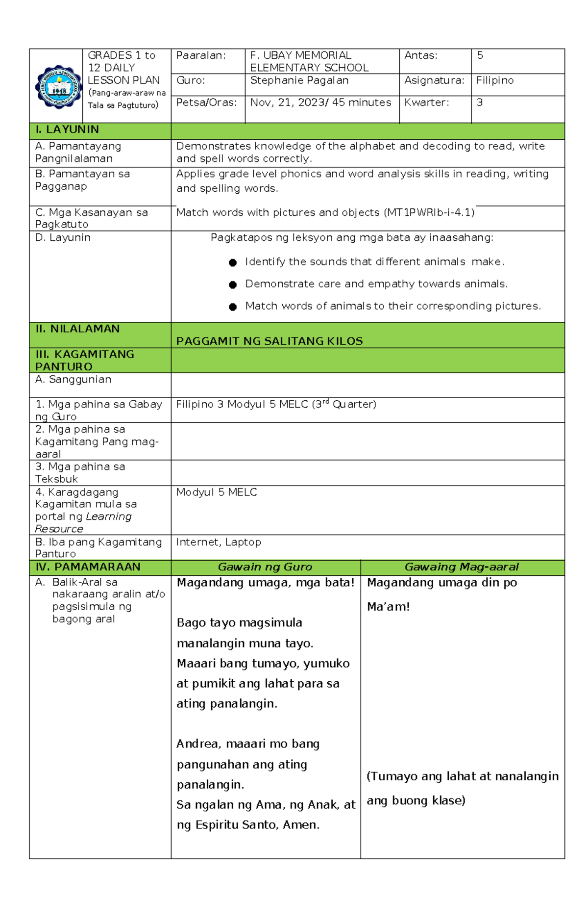 DLP-1 (1) - Lesson plan - GRADES 1 to 12 DAILY LESSON PLAN (Pang-araw ...