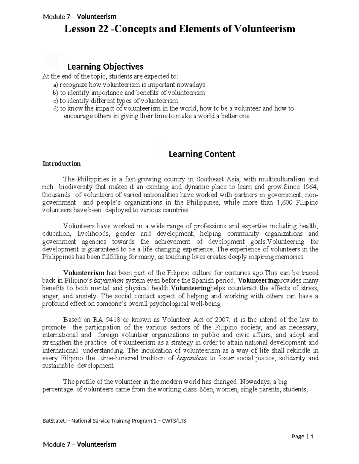 MAIN Topic 7 Volunteerism - Module 7 – Volunteerism Lesson 22 -Concepts ...