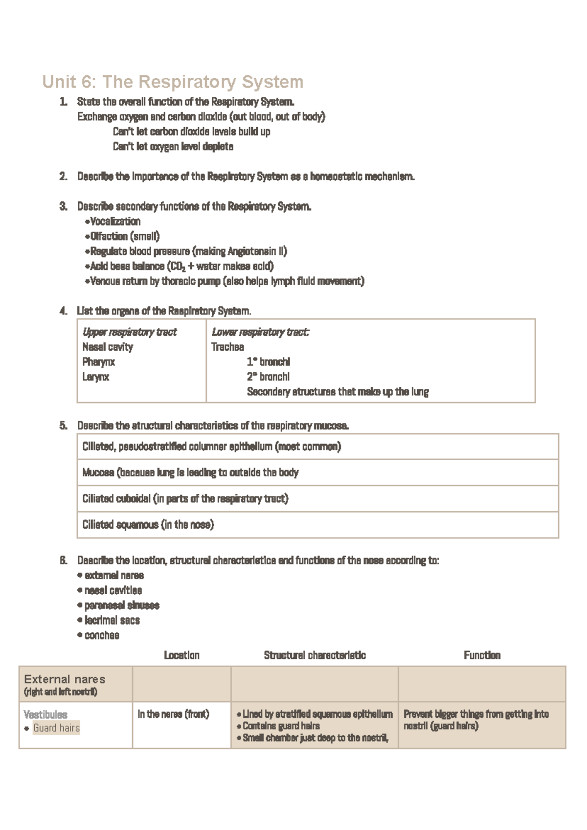 Unit 5 respiratory system notes - Unit 6: The Respiratory System State ...
