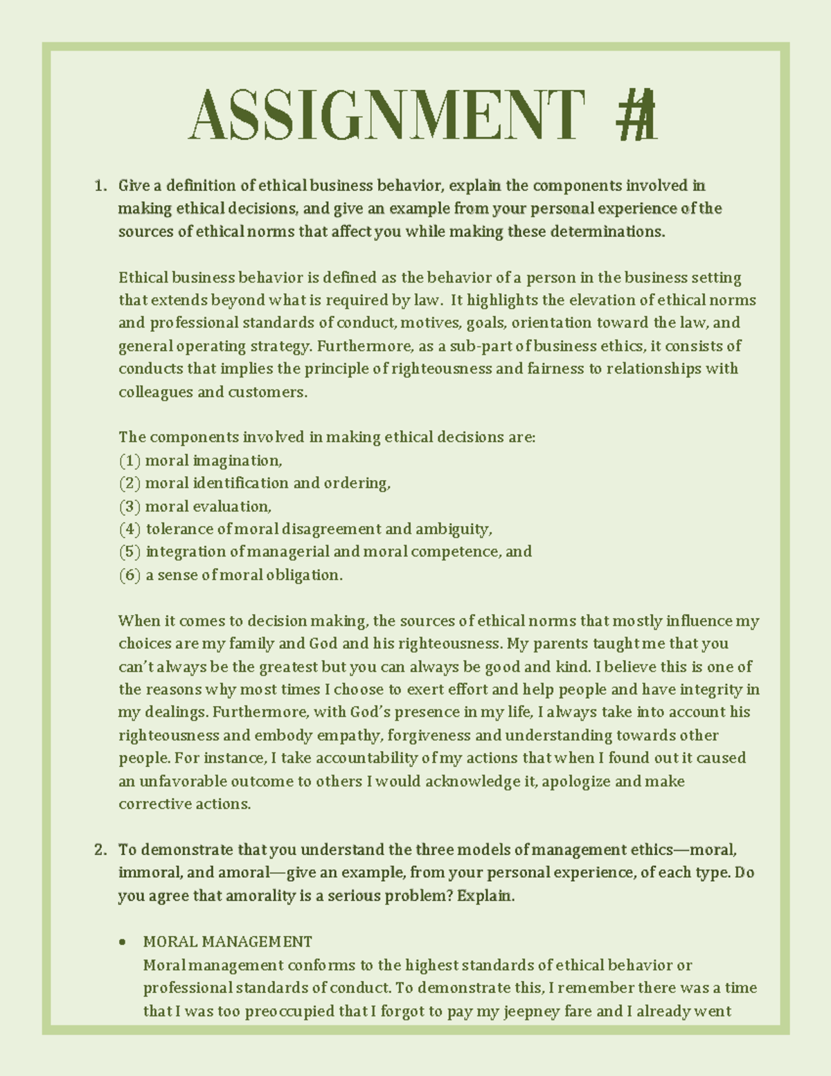 Assignment 1 - .... - Give a definition of ethical business behavior ...