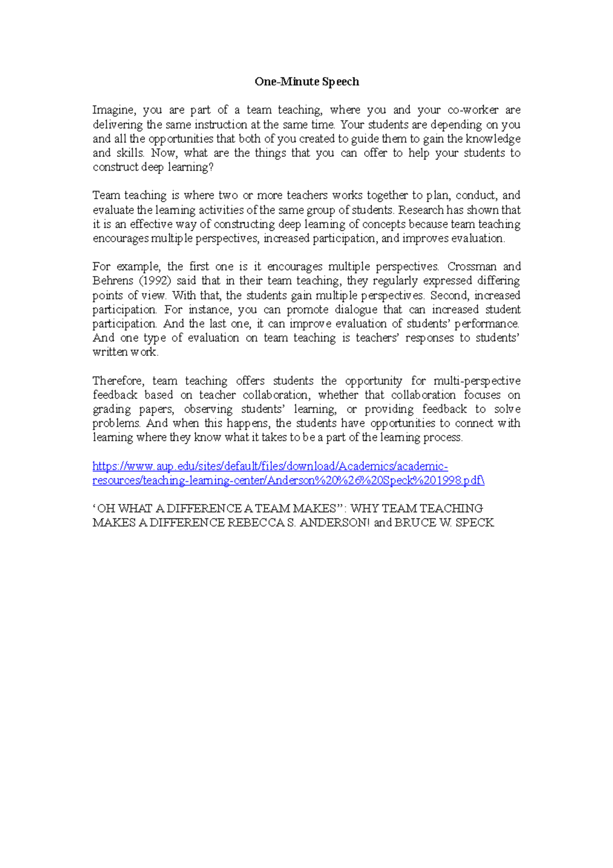 One-Minute Speech - One-Minute Speech Imagine, you are part of a team ...