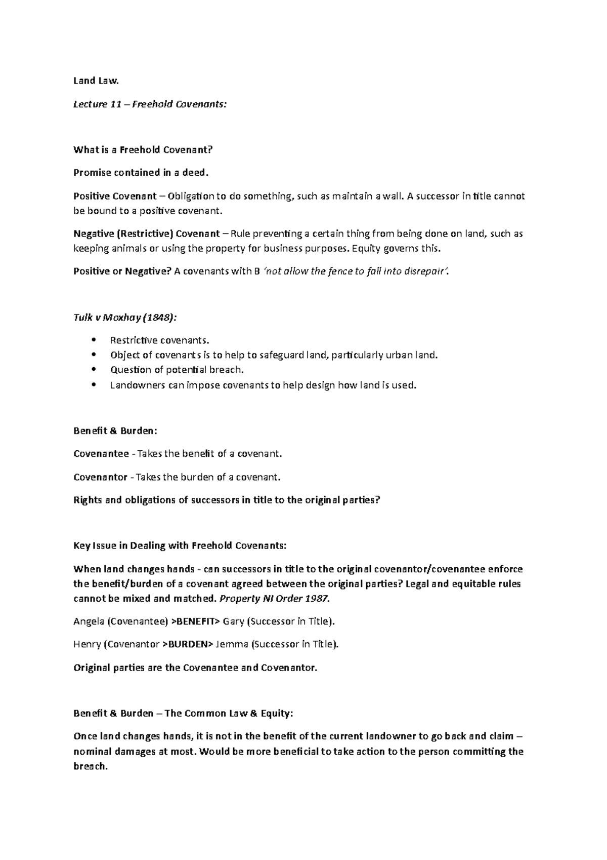 Land Law - Freehold Covenants - Land Law. Lecture 11 – Freehold ...