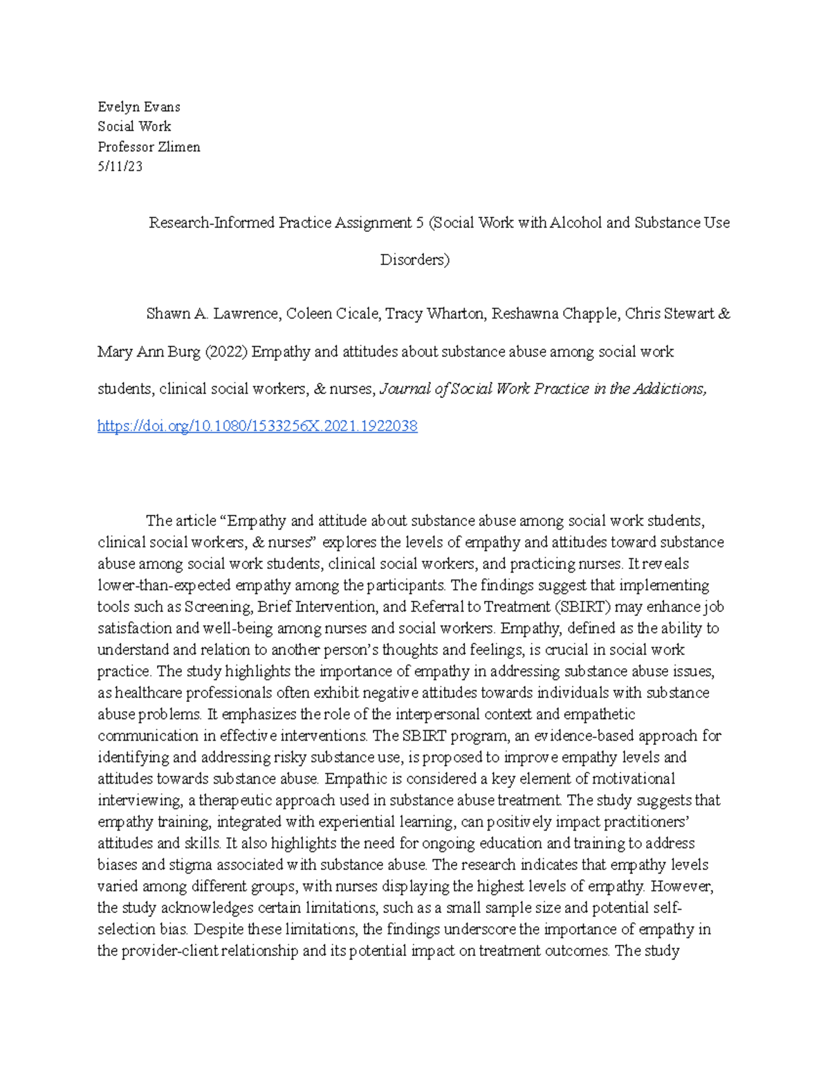 Research-Informed Practice Assignment 5 (Social Work with Alcohol and ...