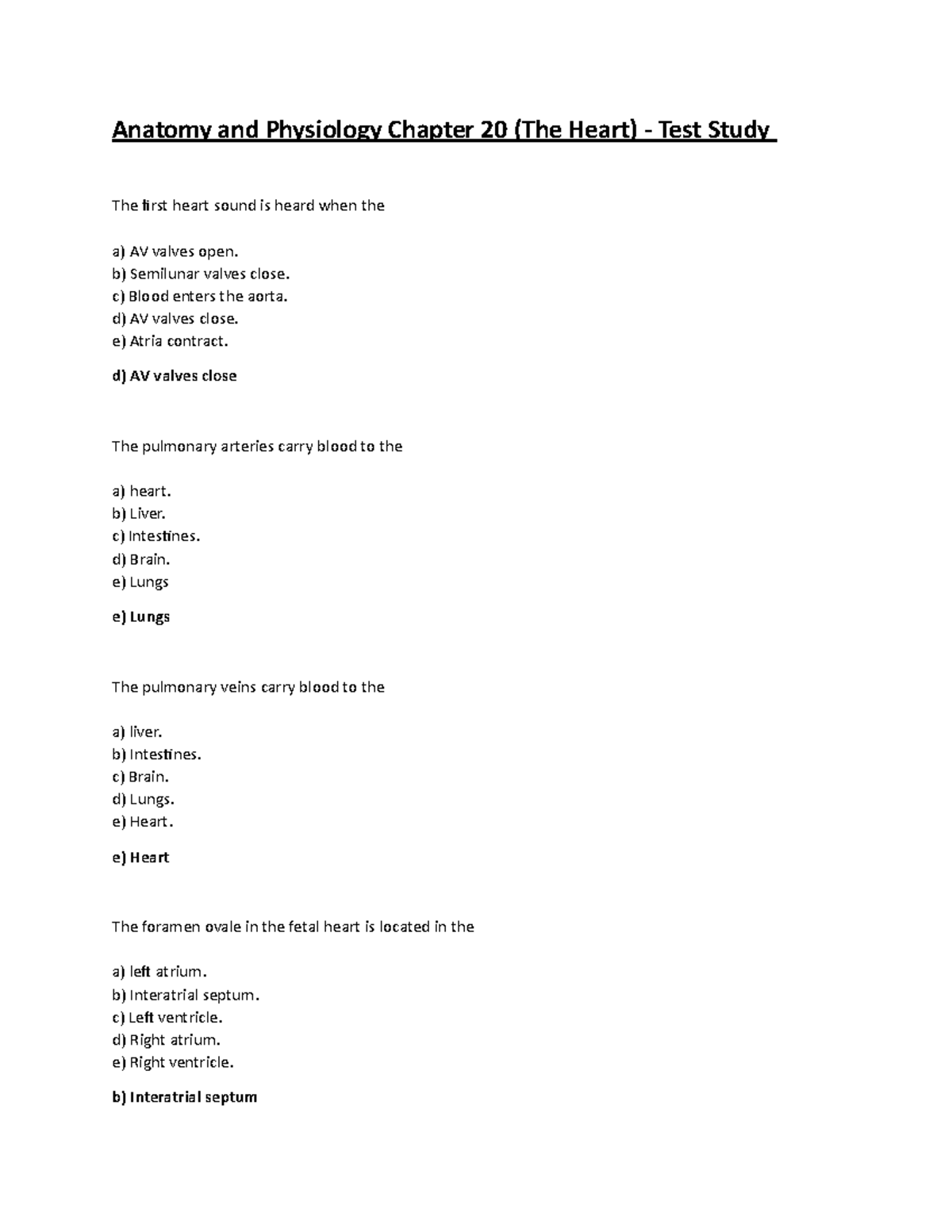 Anatomy and Physiology Chapter 20- The Heart- Test Study- Contin ...