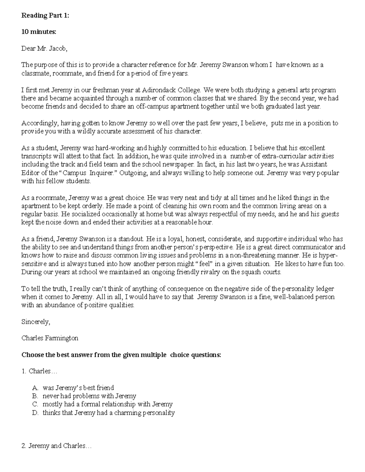 Celpip reading 5 - Reading Part 1: 10 minutes: Dear Mr. Jacob, The ...