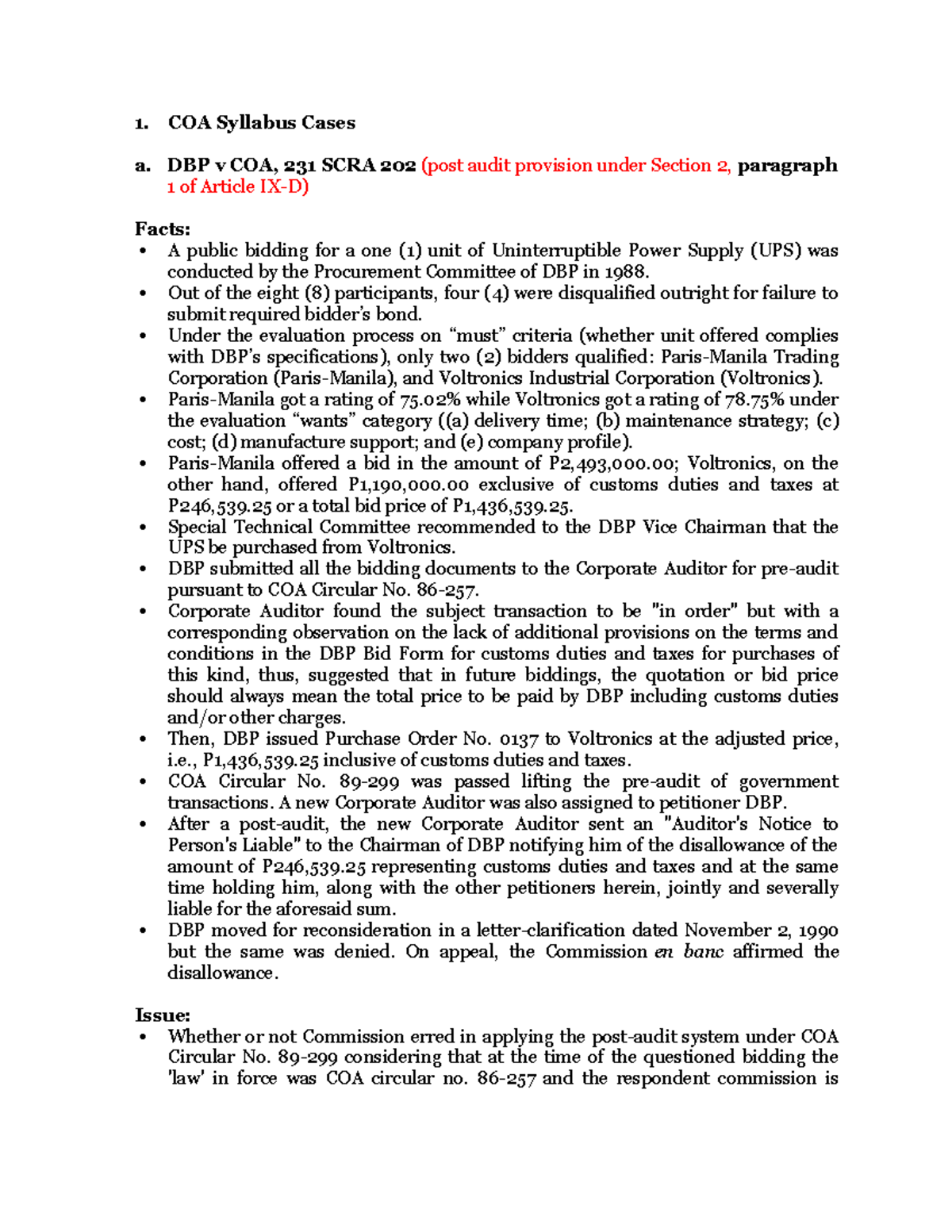 COA-Syllabus-and-Additional-Cases Digest - 1. COA Syllabus Cases a. DBP ...