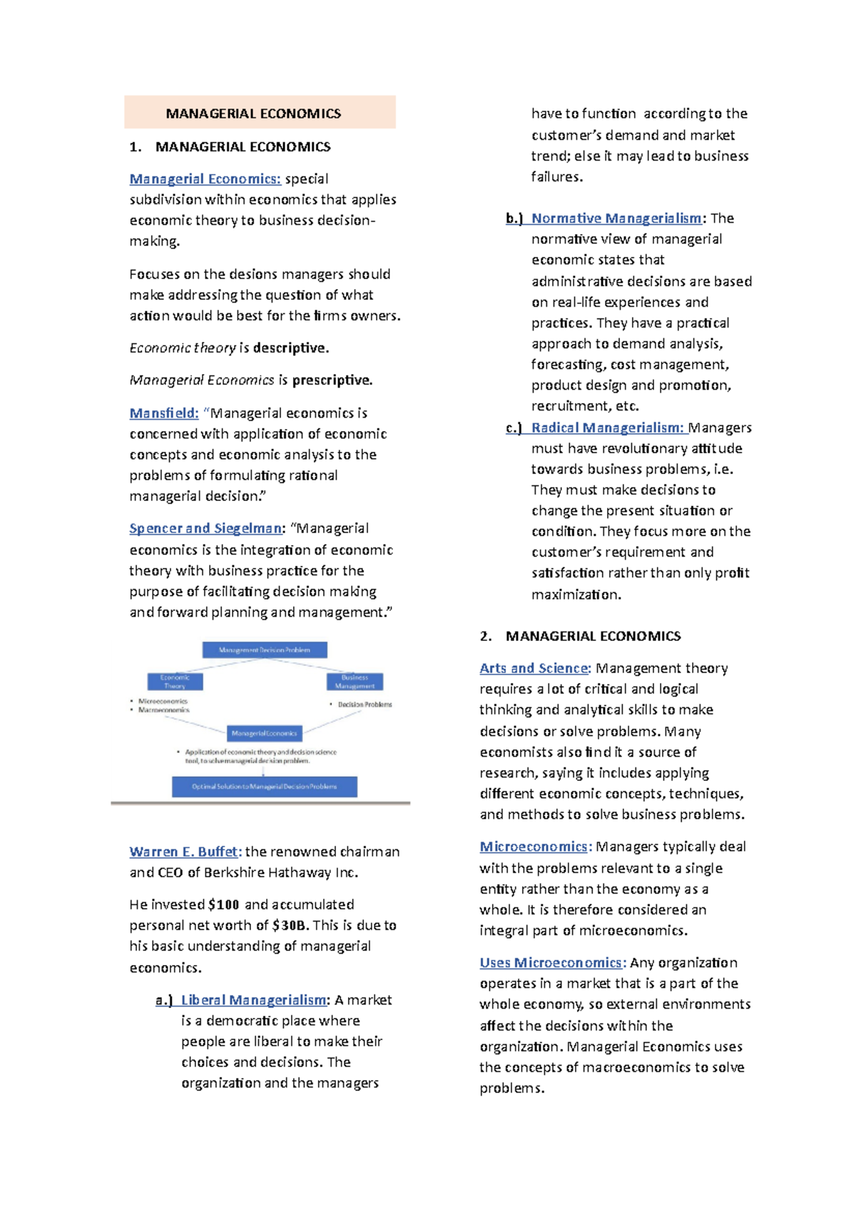 Ecoman- Reviewer - Lecture notes 1 - MANAGERIAL ECONOMICS 1. MANAGERIAL ...