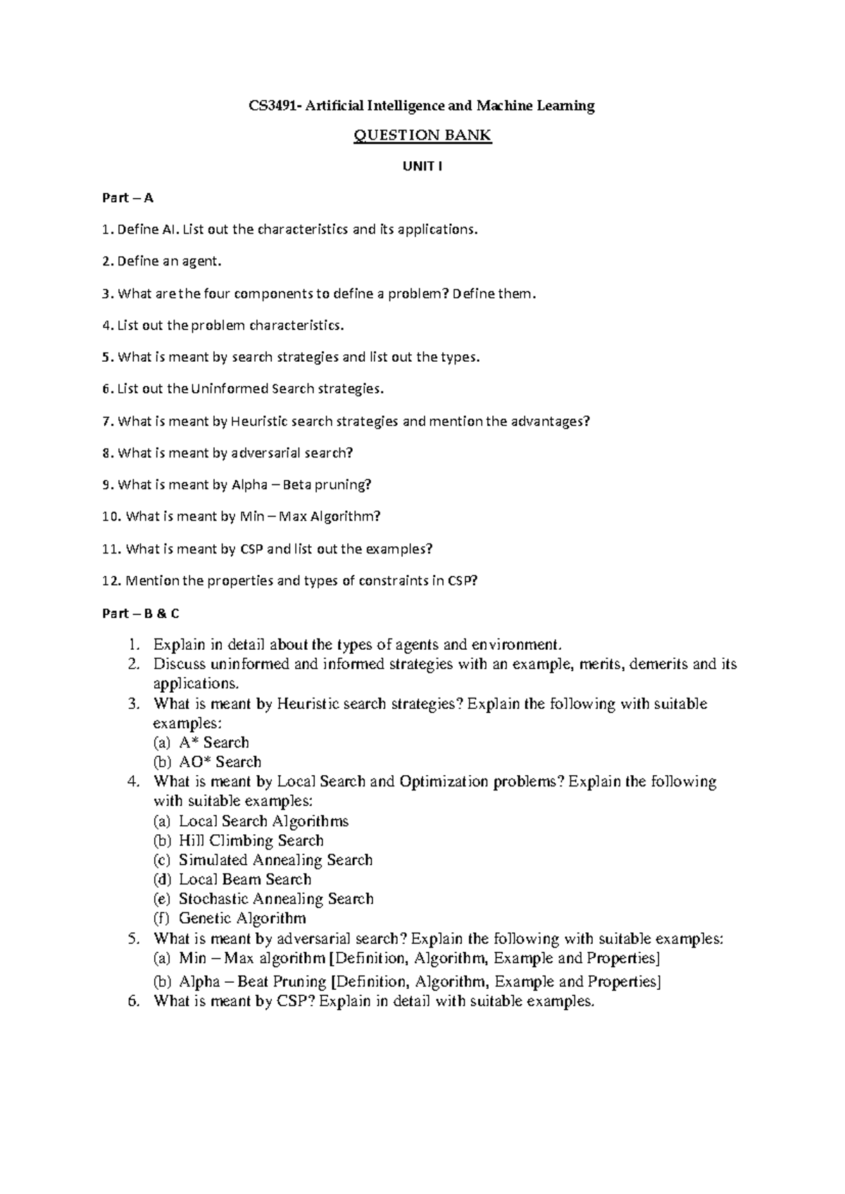 AIML Question Bank - Machine Learning - CS3491- Artificial Intelligence and Machine Learning ...