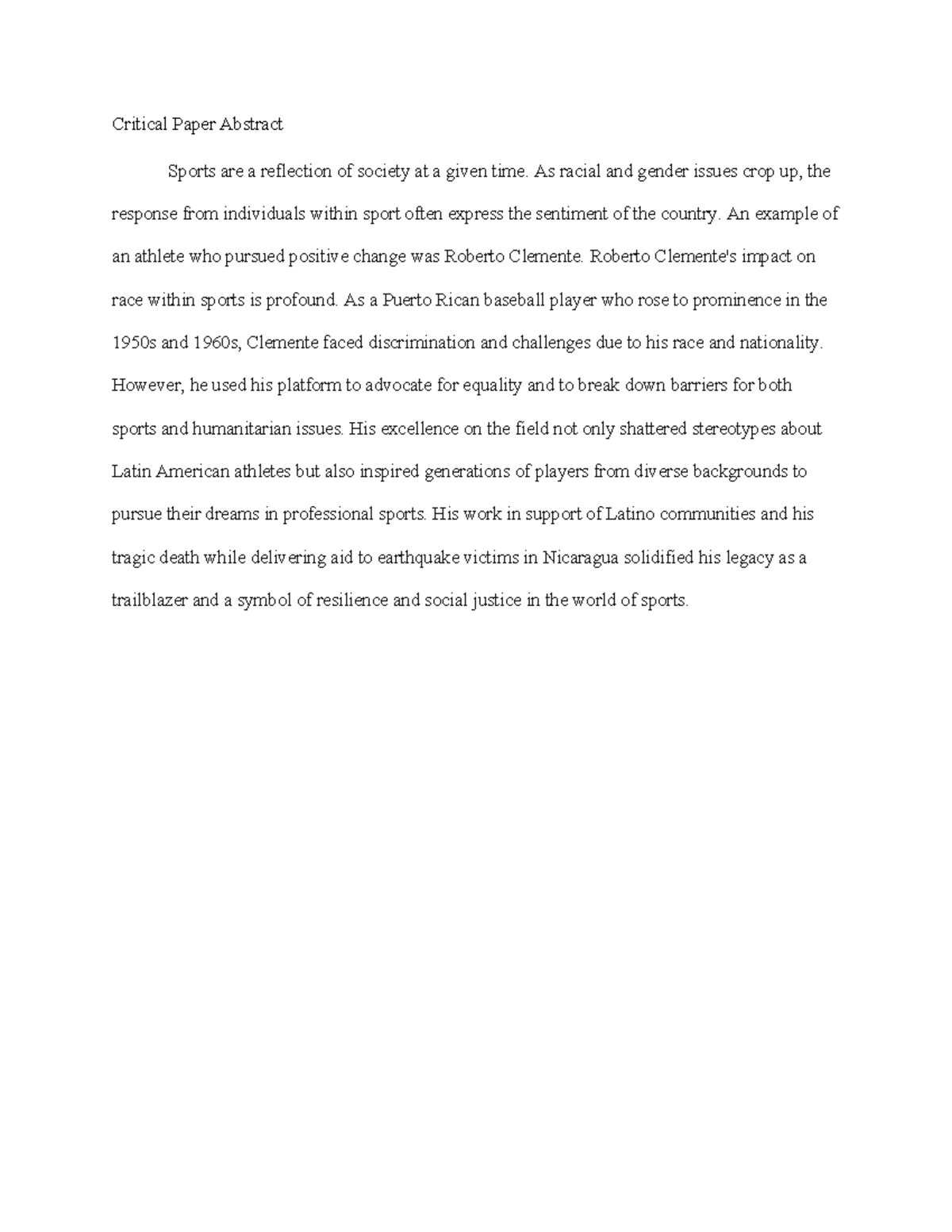 Critical Paper Abstract - Critical Paper Abstract Sports are a ...