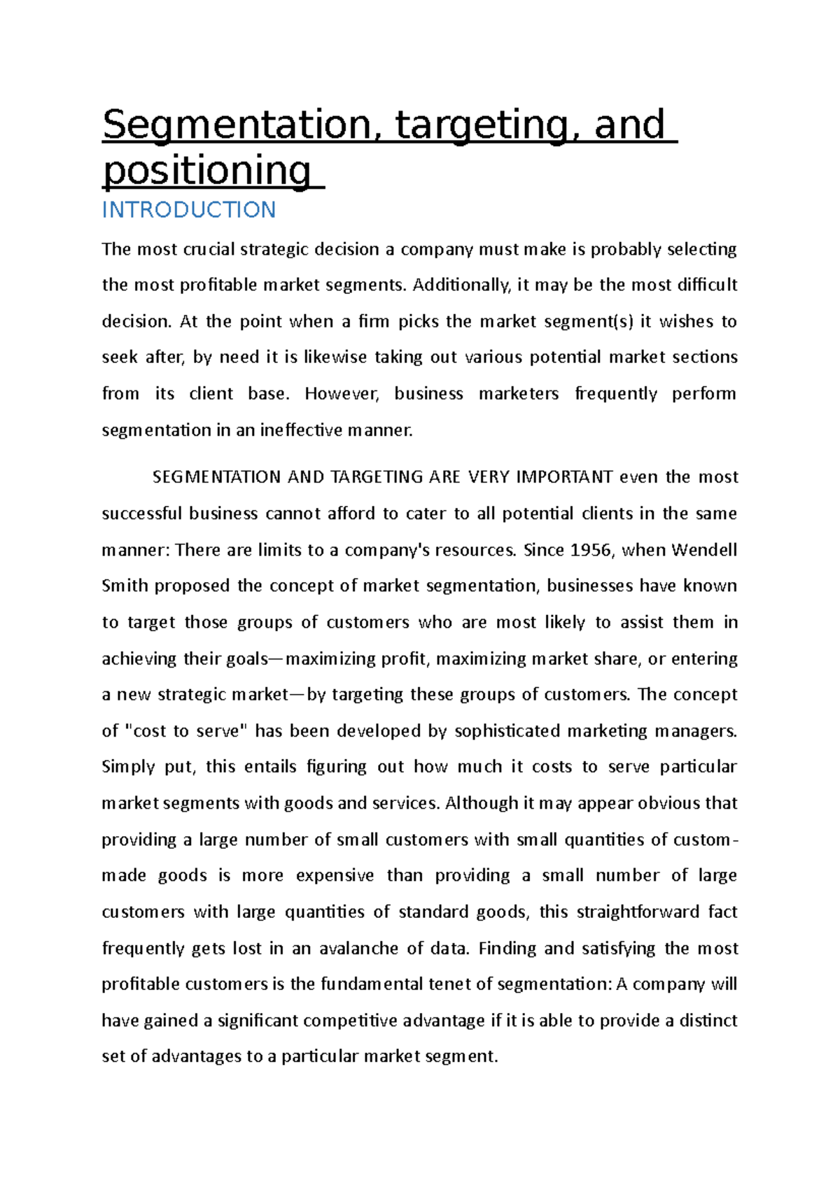 Segmentation, targeting, and positioning - Segmentation, targeting, and positioning INTRODUCTION ...