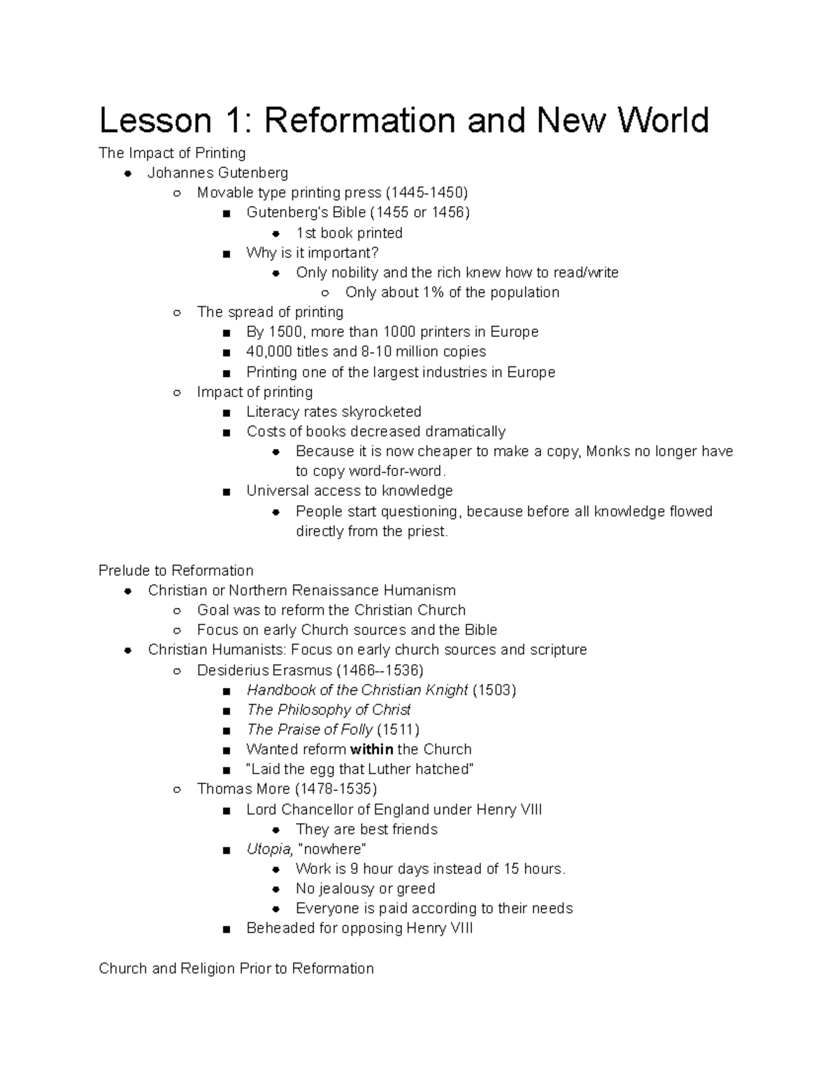 History Notes - Carmicheal - Lesson 1: Reformation and New World The ...