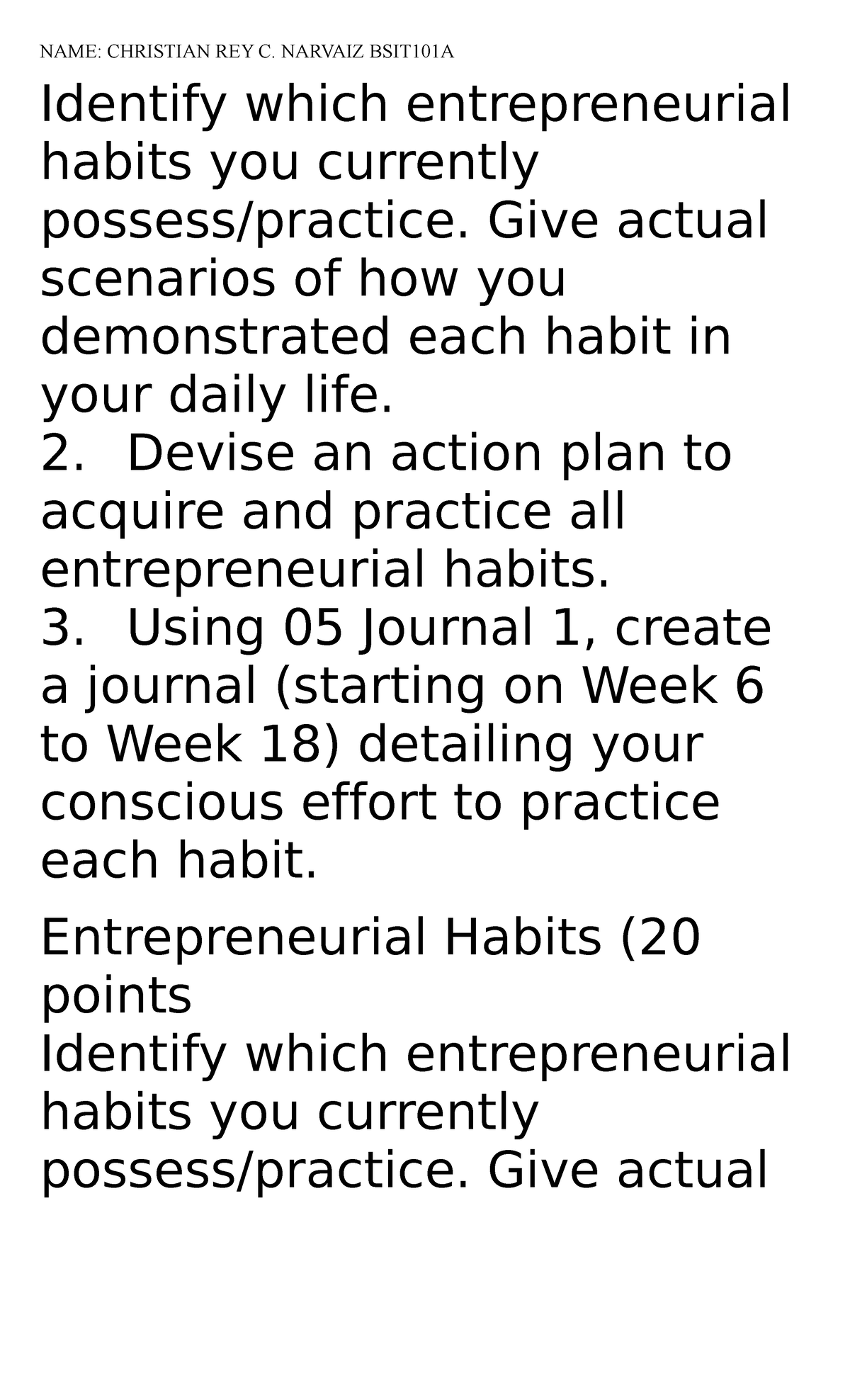 Performance TASK Entrep Habits - NAME: CHRISTIAN REY C. NARVAIZ ...