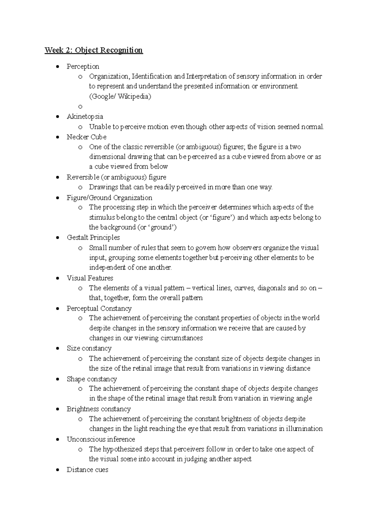 Cognitive Psych Defintions - Week 2: Object Recognition Perception o ...