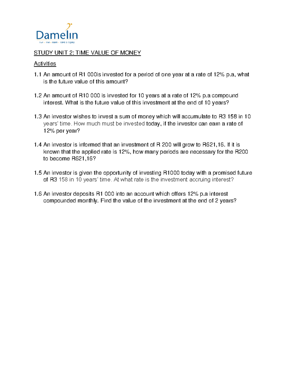 Week 2 - Time Value of Money - Activities - STUDY UNIT 2: TIME VALUE OF ...