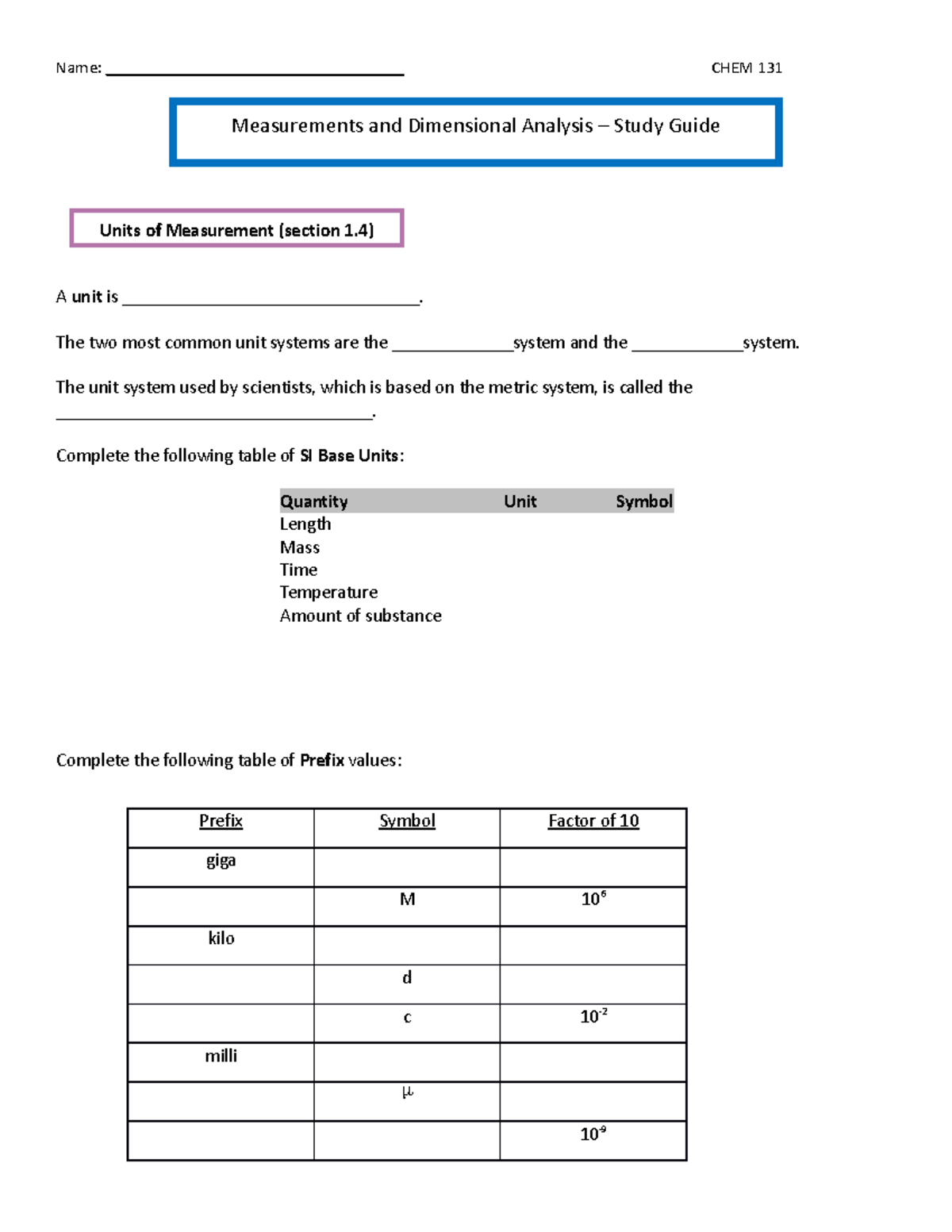 CH1 Measurements and Dimensional Analysis Study Guide - Name