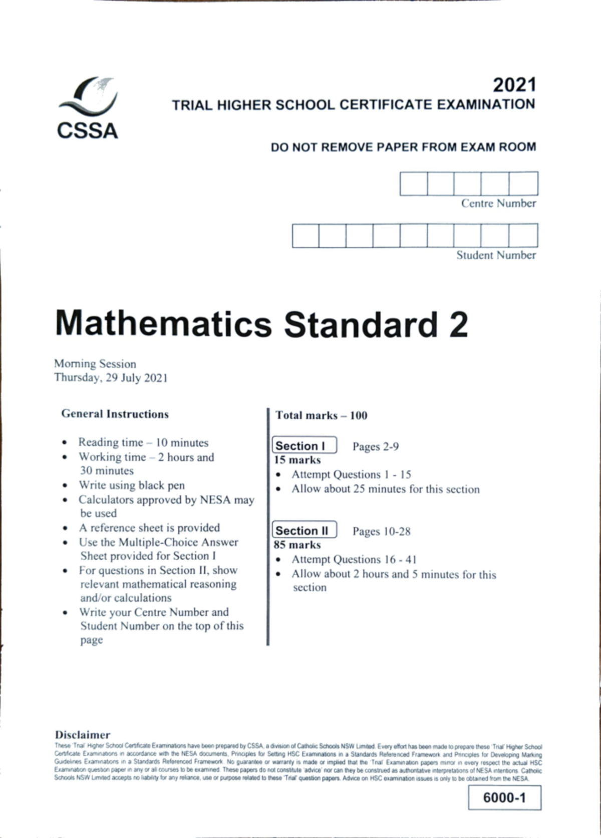 CSSA Standard 2024 - 2021 TRIAL HIGHER SCHOOL CERTIFICATE EXAMINATION ...