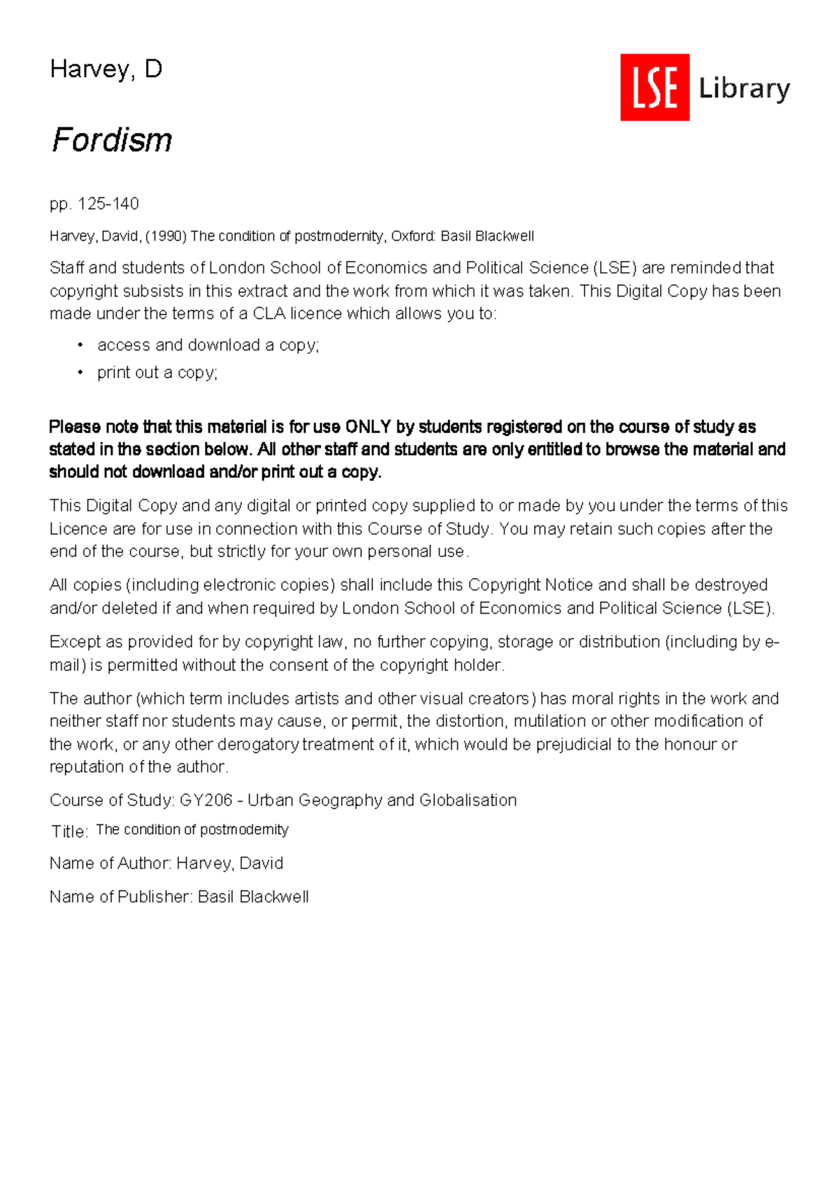 Fordism - Reading - Harvey, D Fordism pp. 125- Harvey, David, (1990 ...