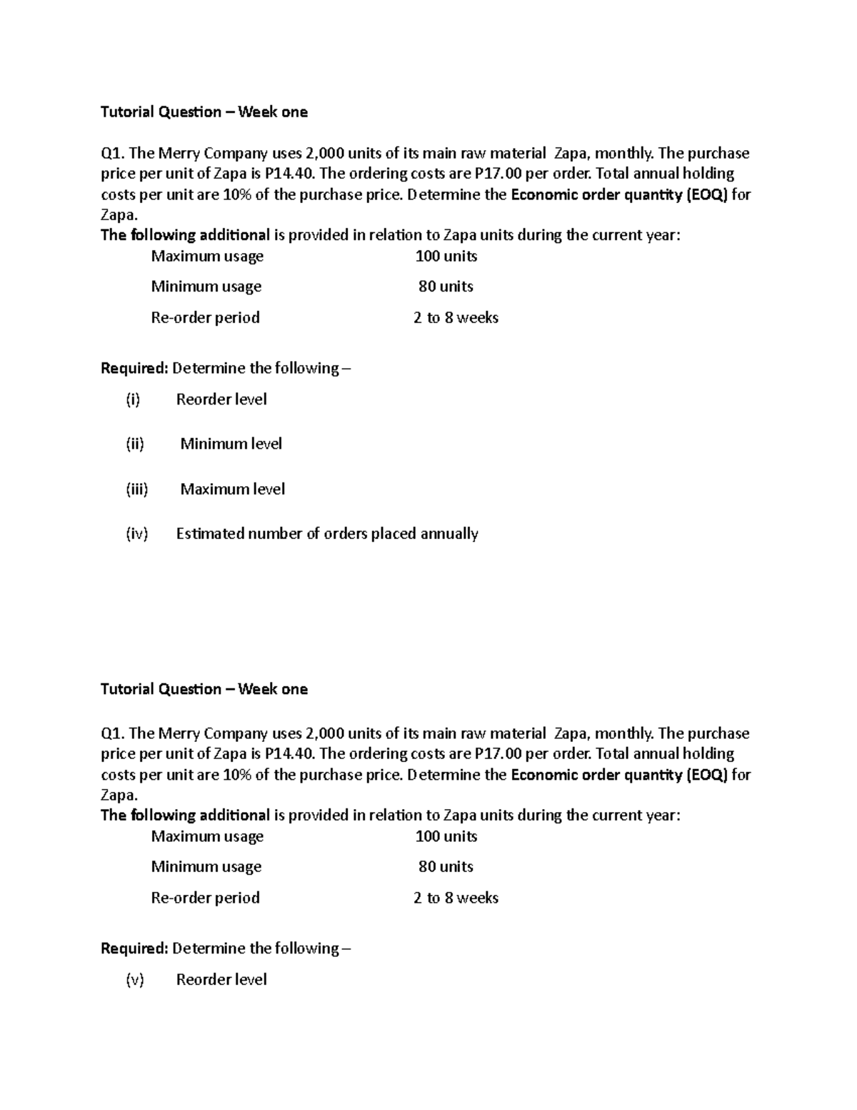 Tutorial Question week one 2019 - Tutorial Question – Week one Q1. The ...