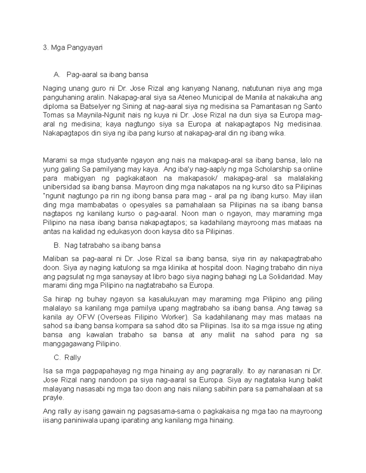 Mga Pangyayari - Notes - Mga Pangyayari A. Pag-aaral sa ibang bansa ...