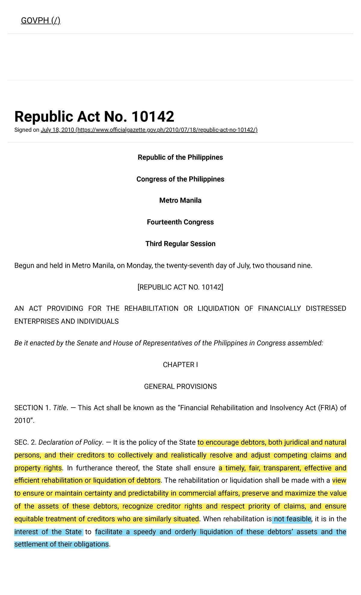 Republic Act No. 10142 Official Gazette of the Republic of the ...