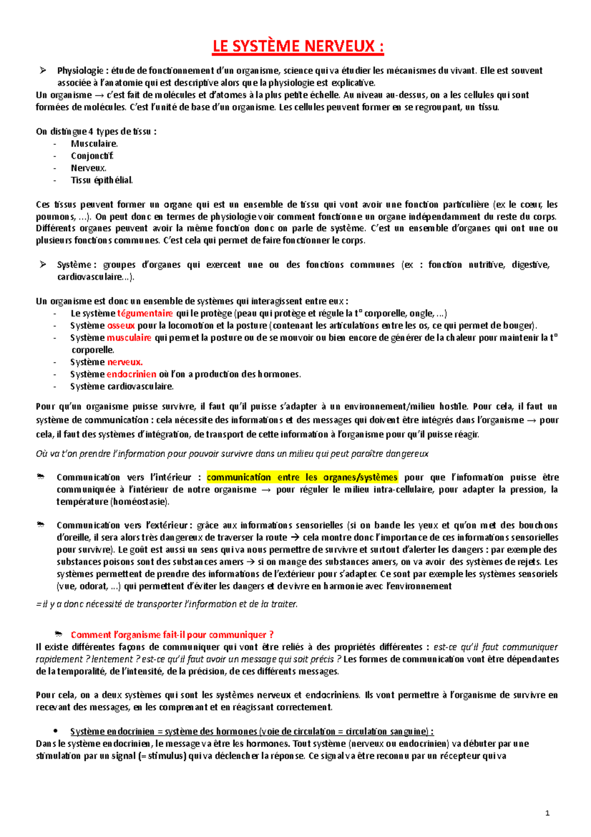 1. Système nerveux - cours - LE SYSTÈME NERVEUX : Physiologie : étude ...