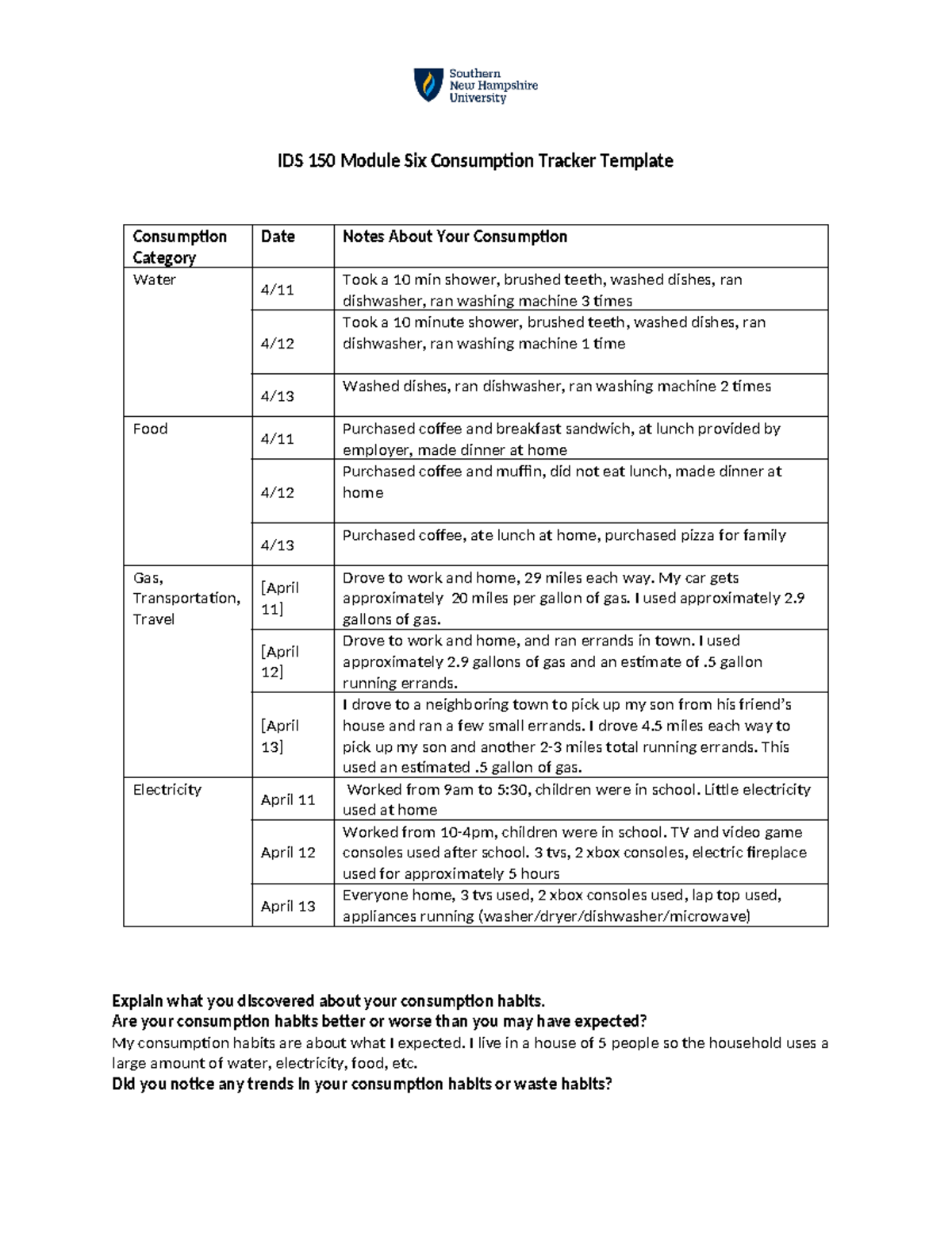 Mod 6 journal - IDS 150 Module Six Consumption Tracker Template ...
