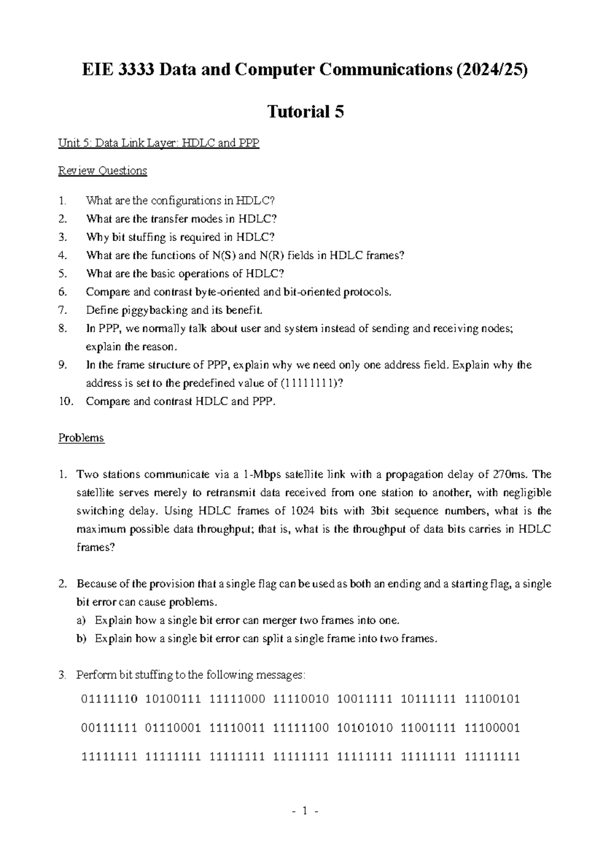 Tutorial 5 - 1 - EIE 3333 Data and Computer Communications (20 24 / 25 ) Tutorial 5 Unit 5 ...