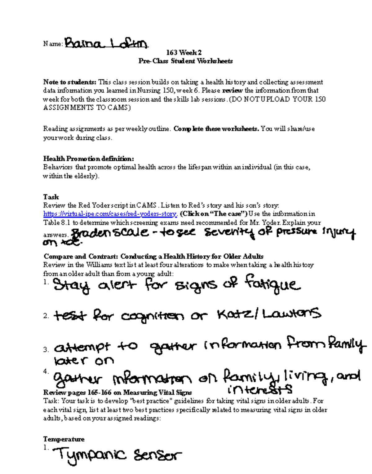 NUR 163 Week 2 Pre-Class Assignment - Name: _______________________ 163 Week 2 Pre-Class Student ...