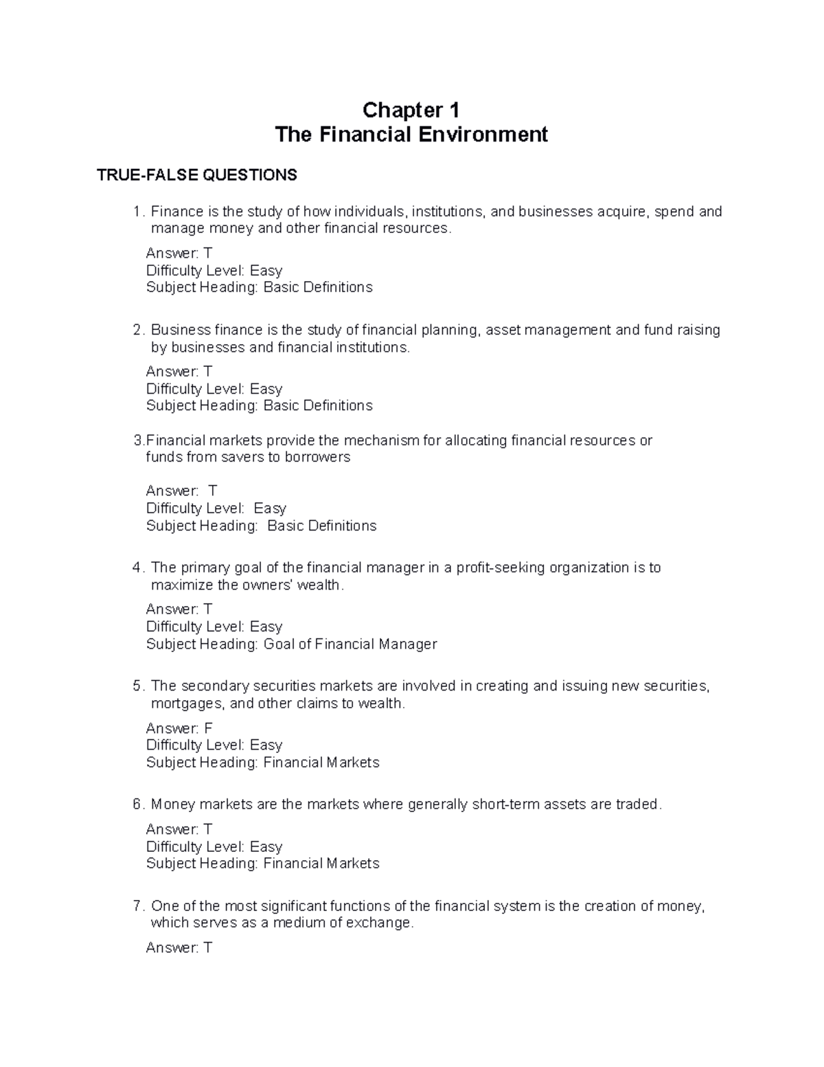 Ch01 - test - Chapter 1 The Financial Environment TRUE-FALSE QUESTIONS ...