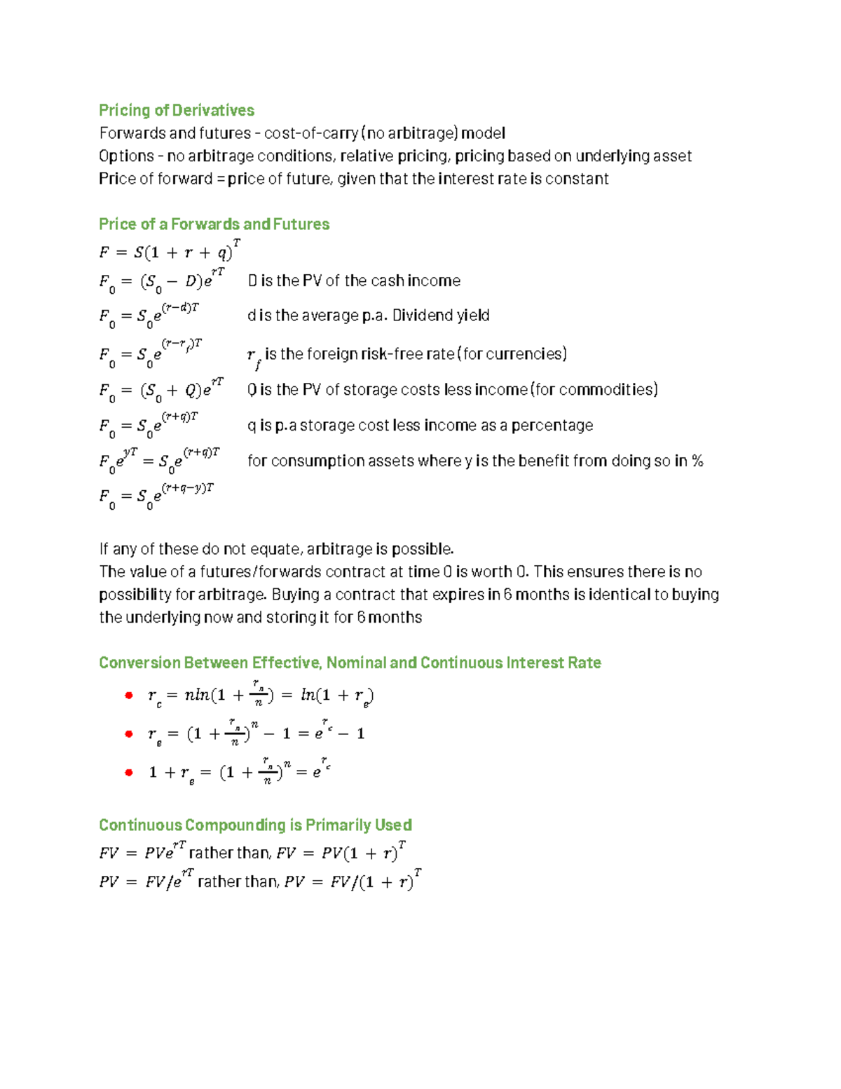 FINM2002 Formulas - Formula Sheet With Explanation - Pricing of ...