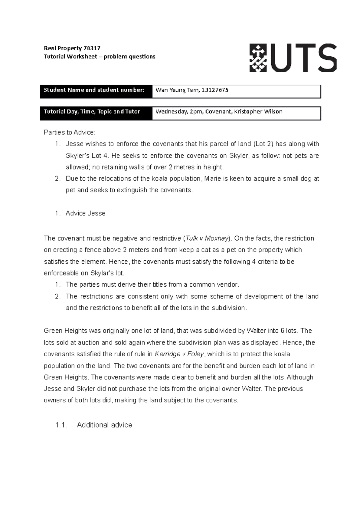 Topic 6 Covenants - Real Property 70317 Tutorial Worksheet – problem ...