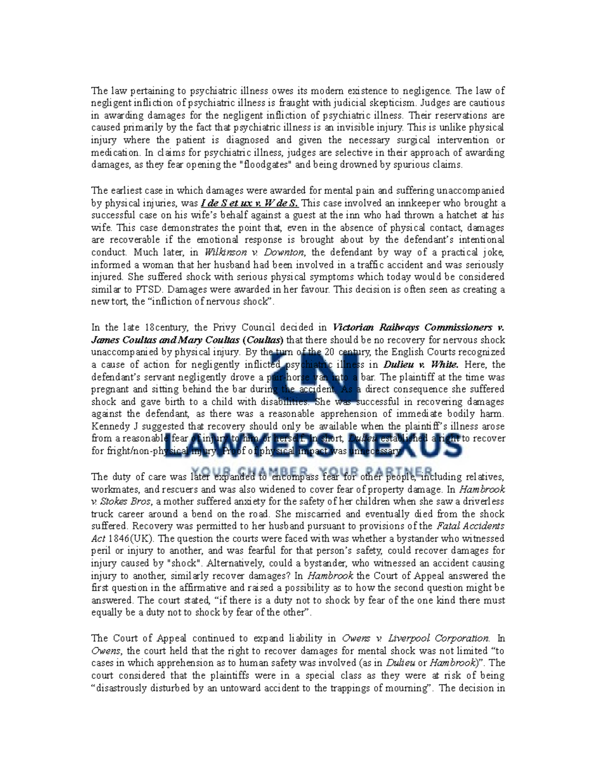 Essay on Psychatric Illnes: Legal developments after the case of Alcock ...