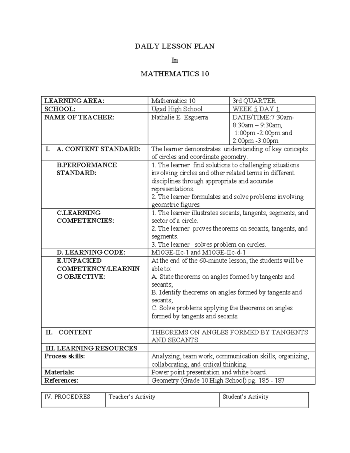 Daily Lesson PLAN Theorems - DAILY LESSON PLAN In MATHEMATICS 10 ...