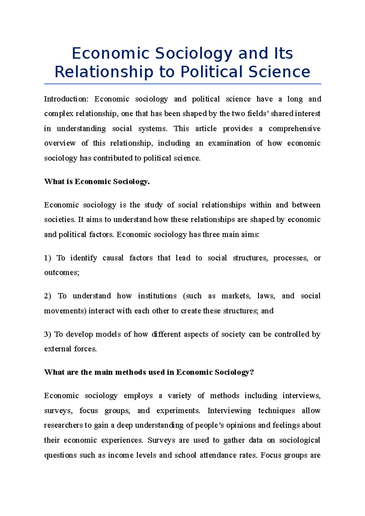 Economic Sociology and Its Relationship to Political Science - Economic ...