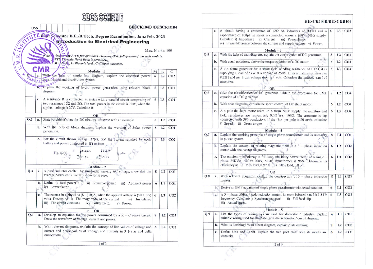 VTU Question Paper of BESCK104B Introduction to Electrical Engineering Jan-Feb-2023 - Studocu