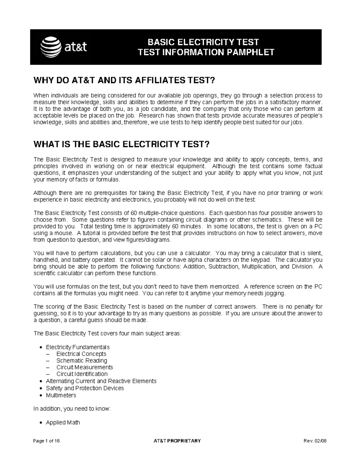 Basic Electricity TEST TEST Information - BASIC ELECTRICITY TEST TEST ...