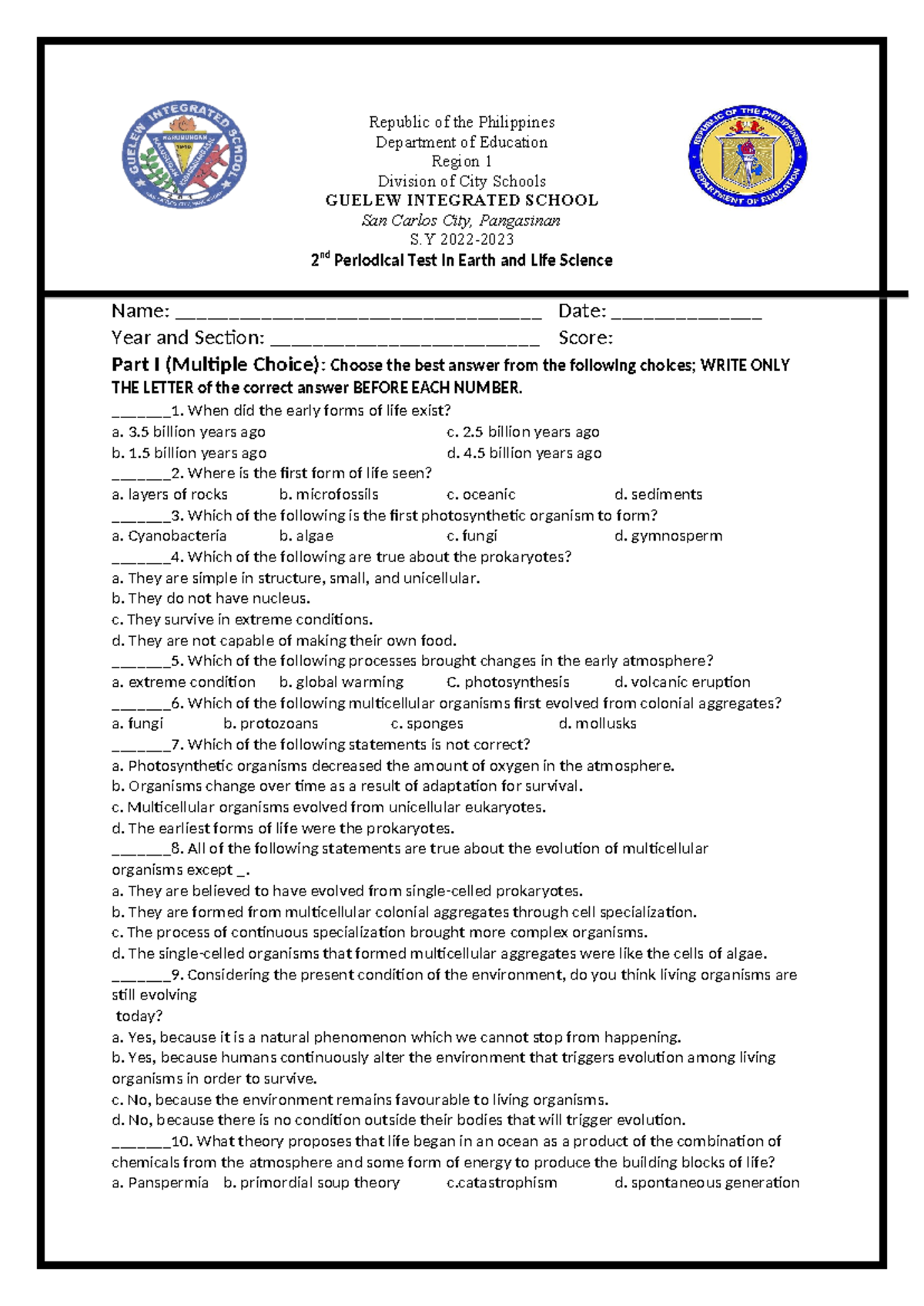 MPT2 Earth AND LIFE Final - Republic of the Philippines Department of ...