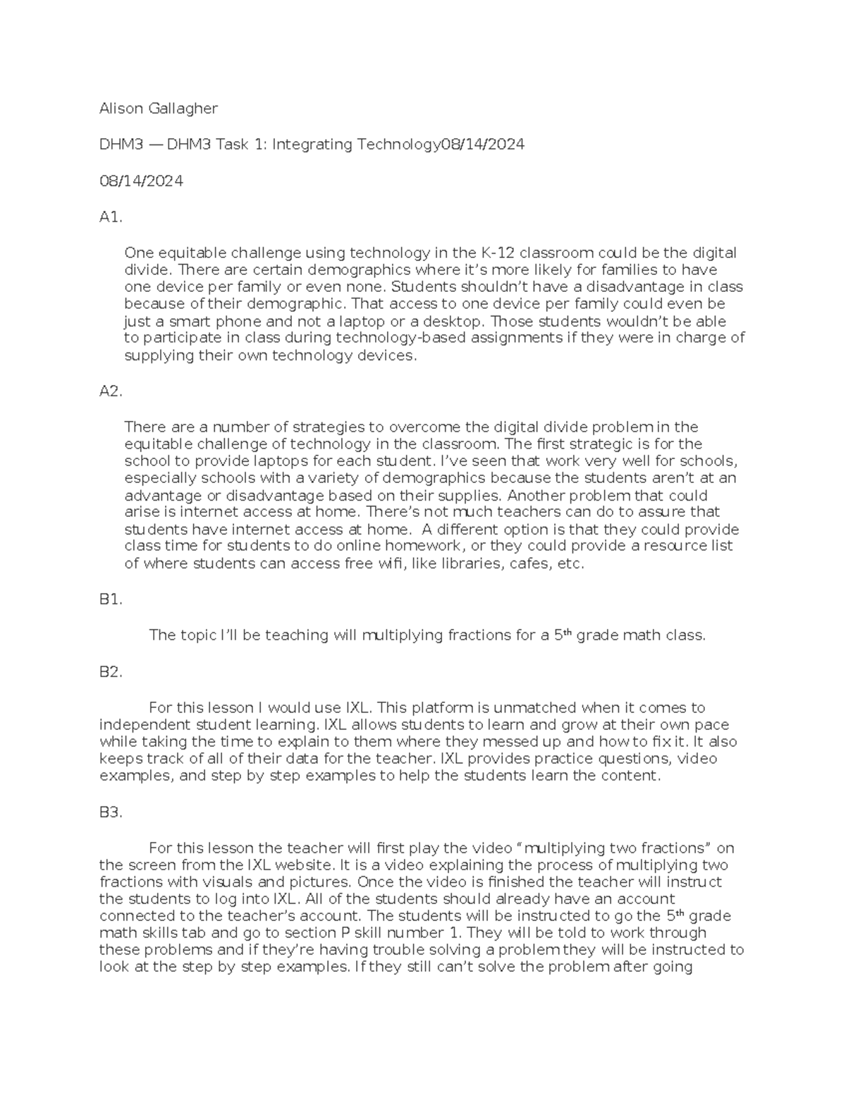 Task 1 - DHM3 — DHM3 Task 1: Integrating Technology08/14/2024 - Alison ...